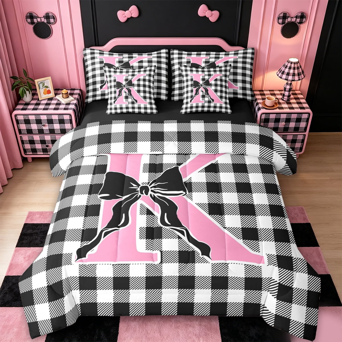 Catabedysis Cartoon Bows Monogram K 7pcs Queen Bedding,Black Coquette ...
