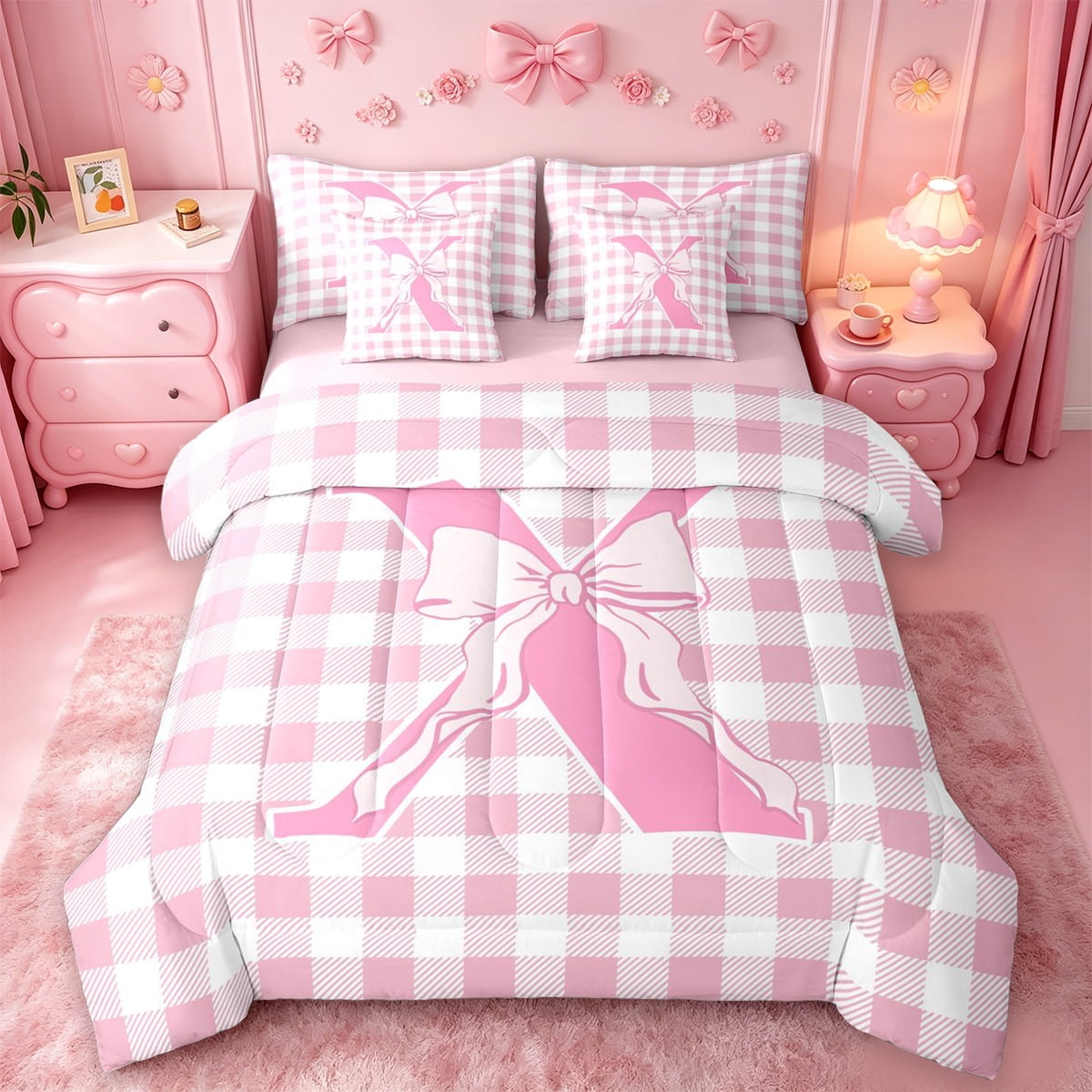 Catabedysis Cartoon Bows Monogram X 7pcs Queen Bedding,Pink Coquette ...