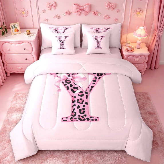 Catabedysis Cheetah Initial Y 7-Piece Twin Bedding,Pink Leopard ABC ...