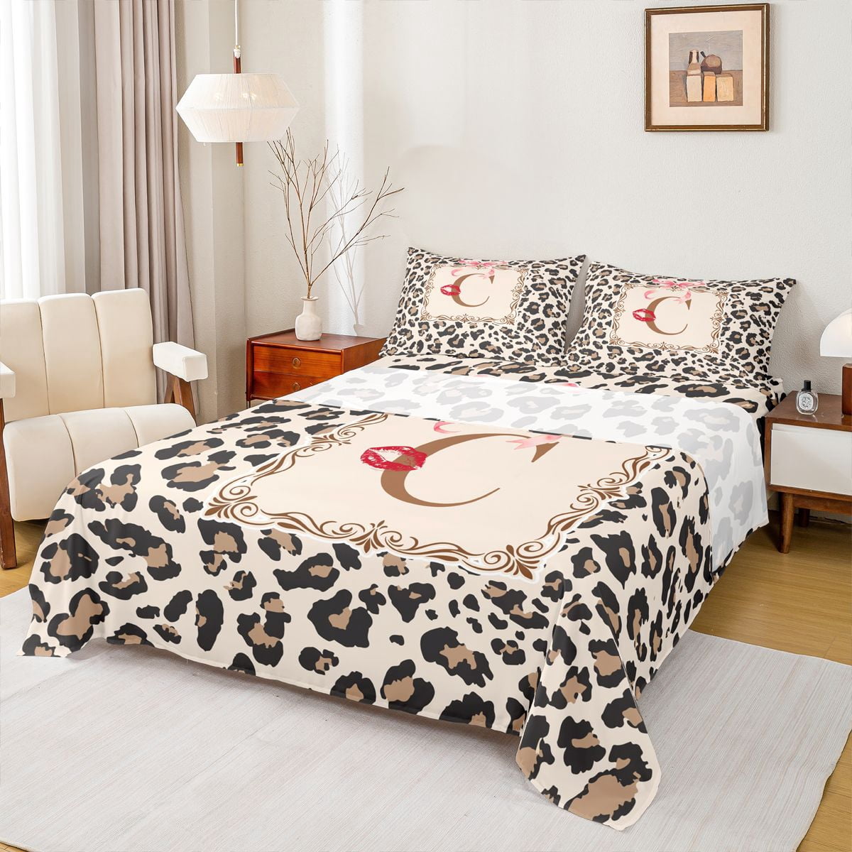 Catabedysis Cheetah Monogrammed Print Queen Sheets,Brown Letter C ...