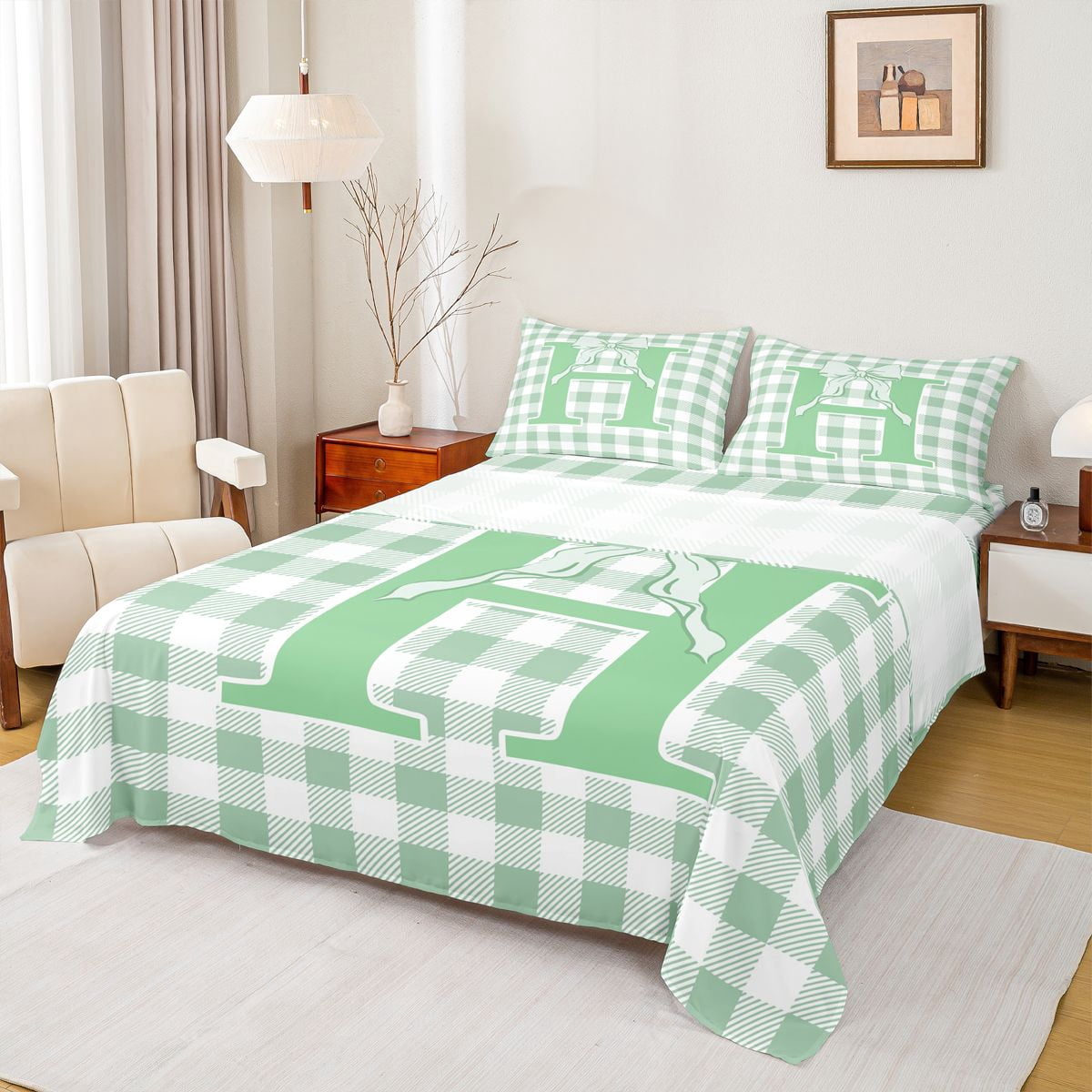Catabedysis Classic Geometric Check Bed Sheets,Green Bowtie Initial ...