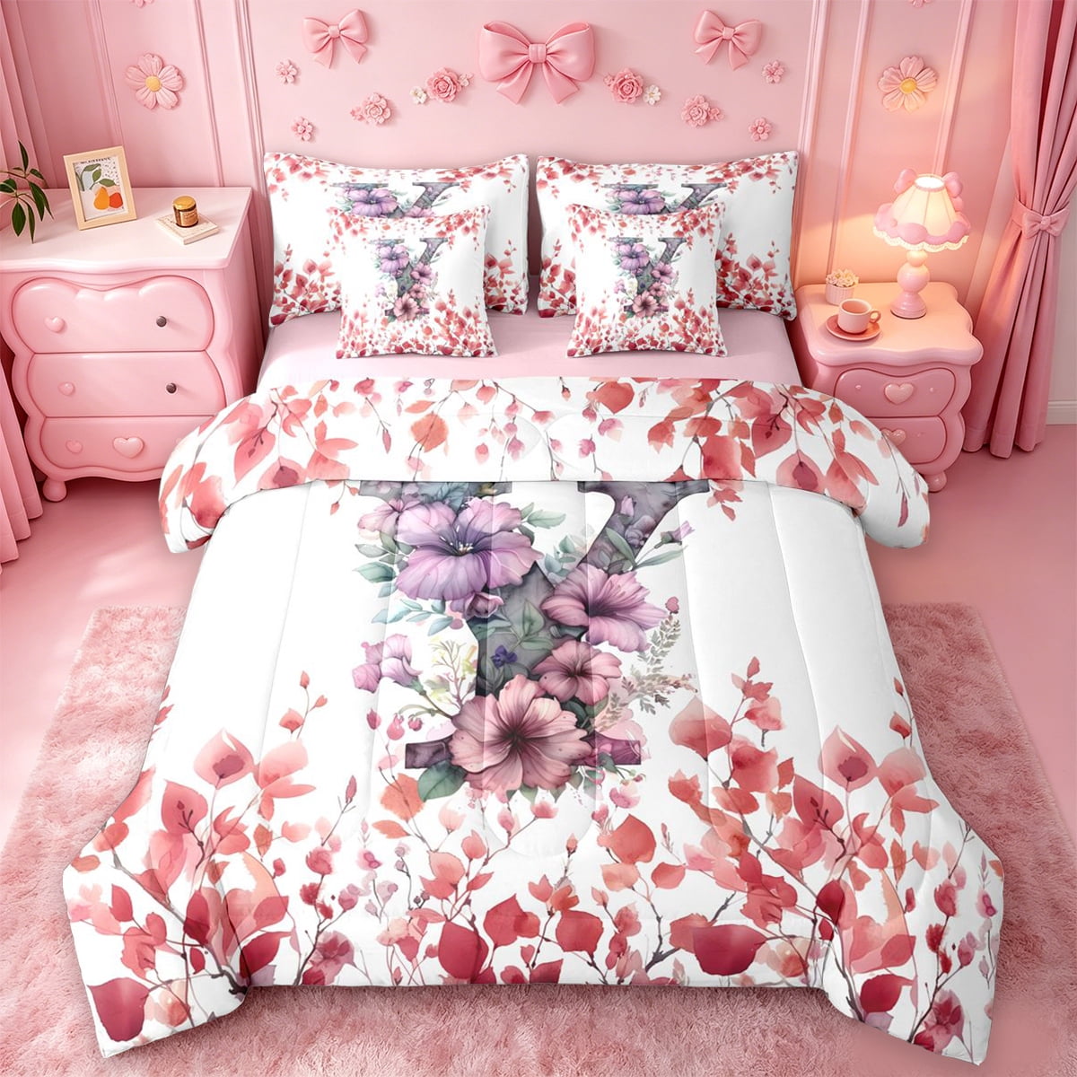Catabedysis Colorful Initial Y 7pcs Queen Bedding,Cute Flowers ABC ...