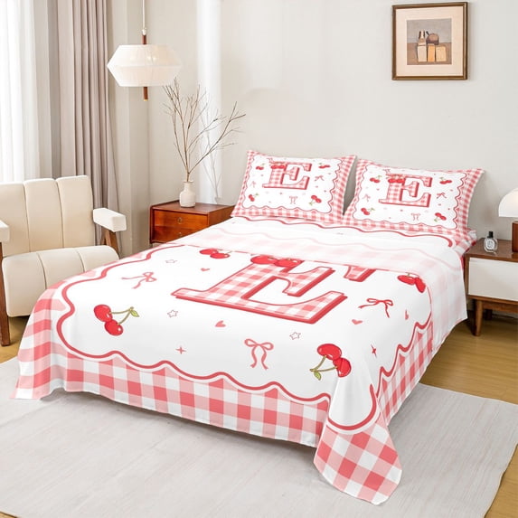 Catabedysis Cute Cherry Initial E Queen Sheets,Red Bowknot Plaid ...