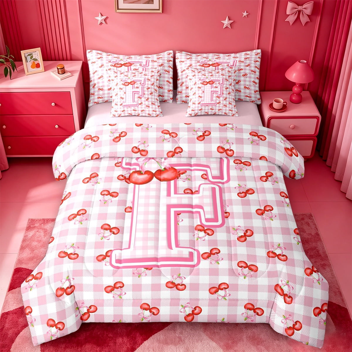 Catabedysis Cute Cherry Pattern 7-Piece Twin Bedding,Pink Personalized ...