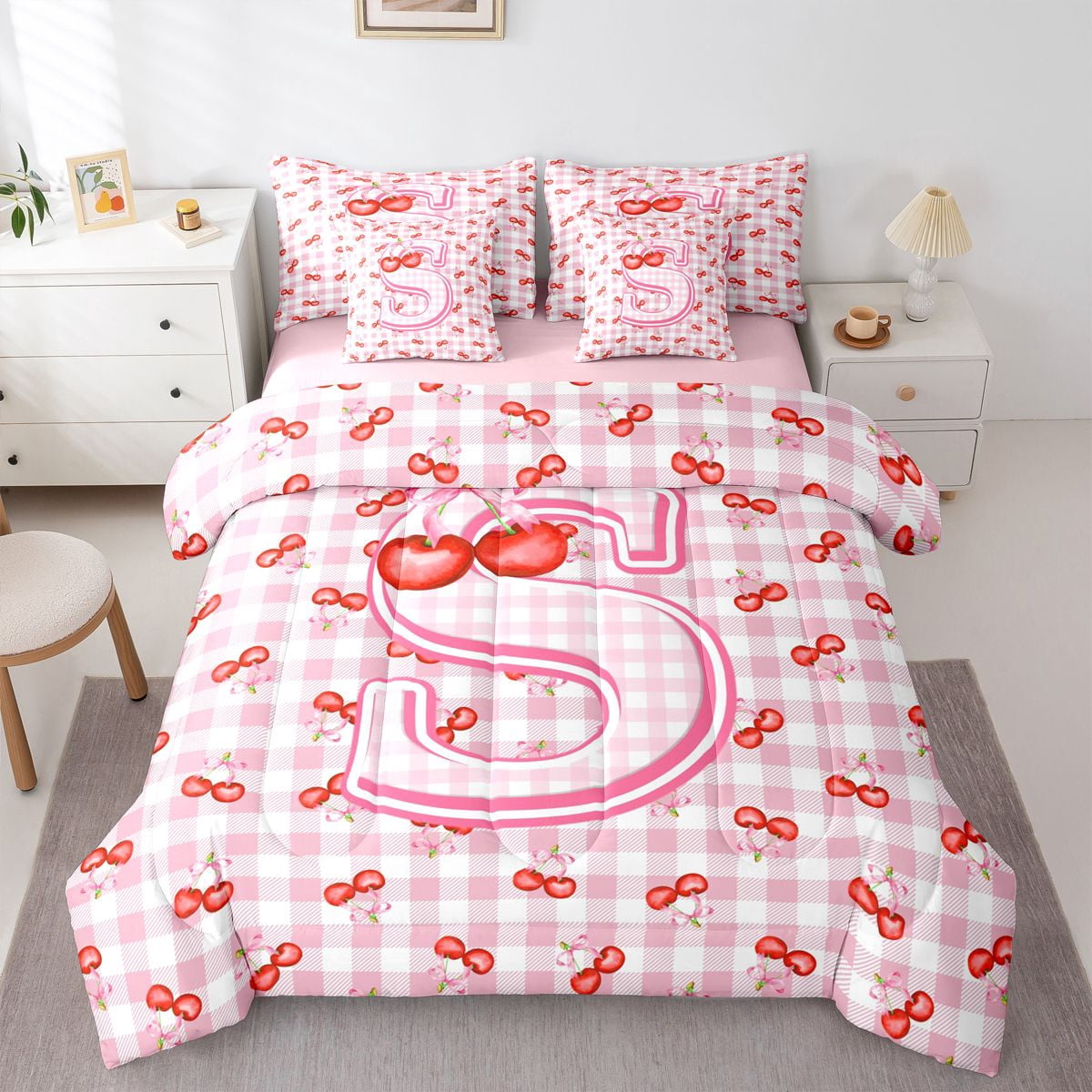 Catabedysis Cute Cherry Pattern 7-Piece Twin Bedding,Pink Personalized ...