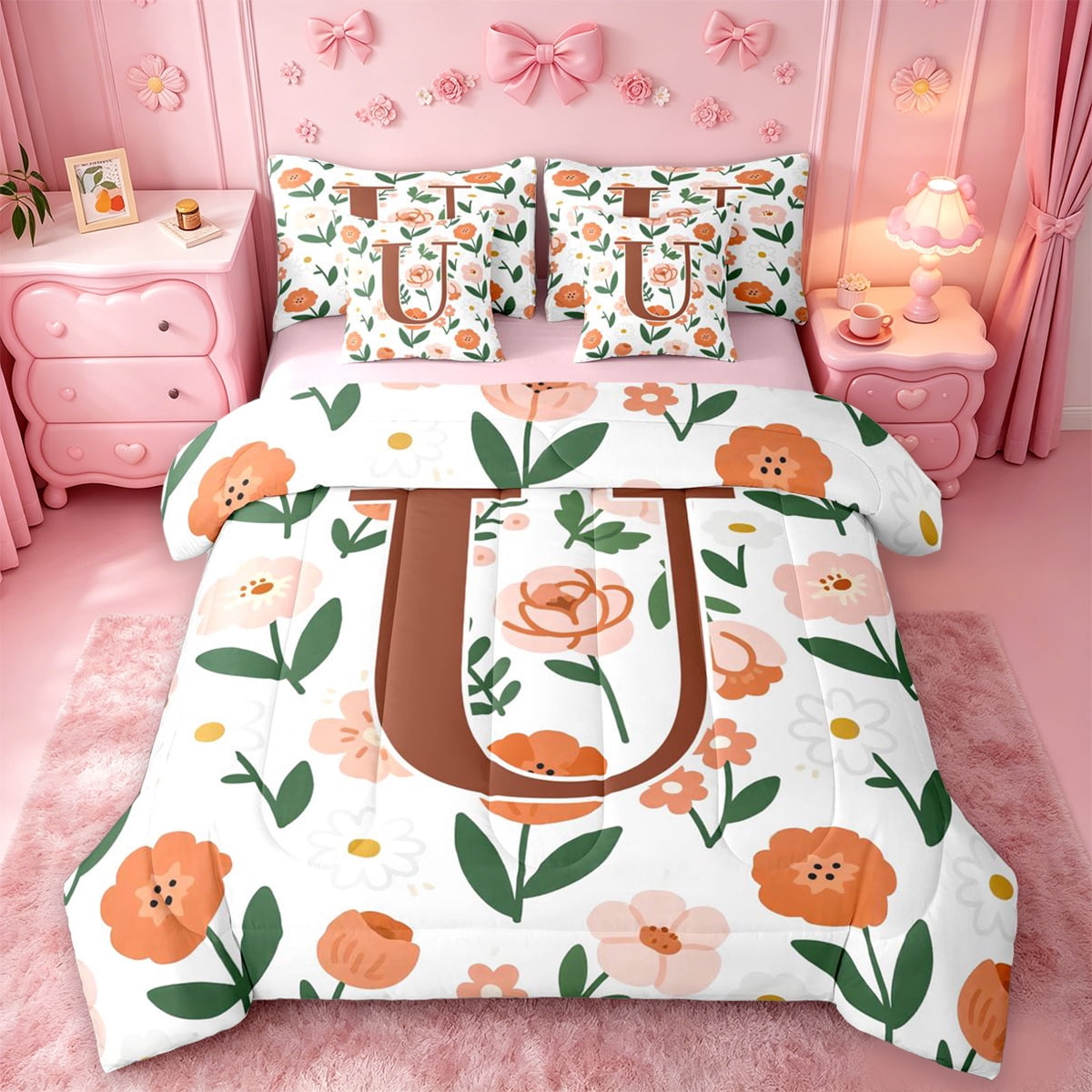 Catabedysis Floral Print 7 Pieces Full Size Bedding Sets,Brown Initial ...