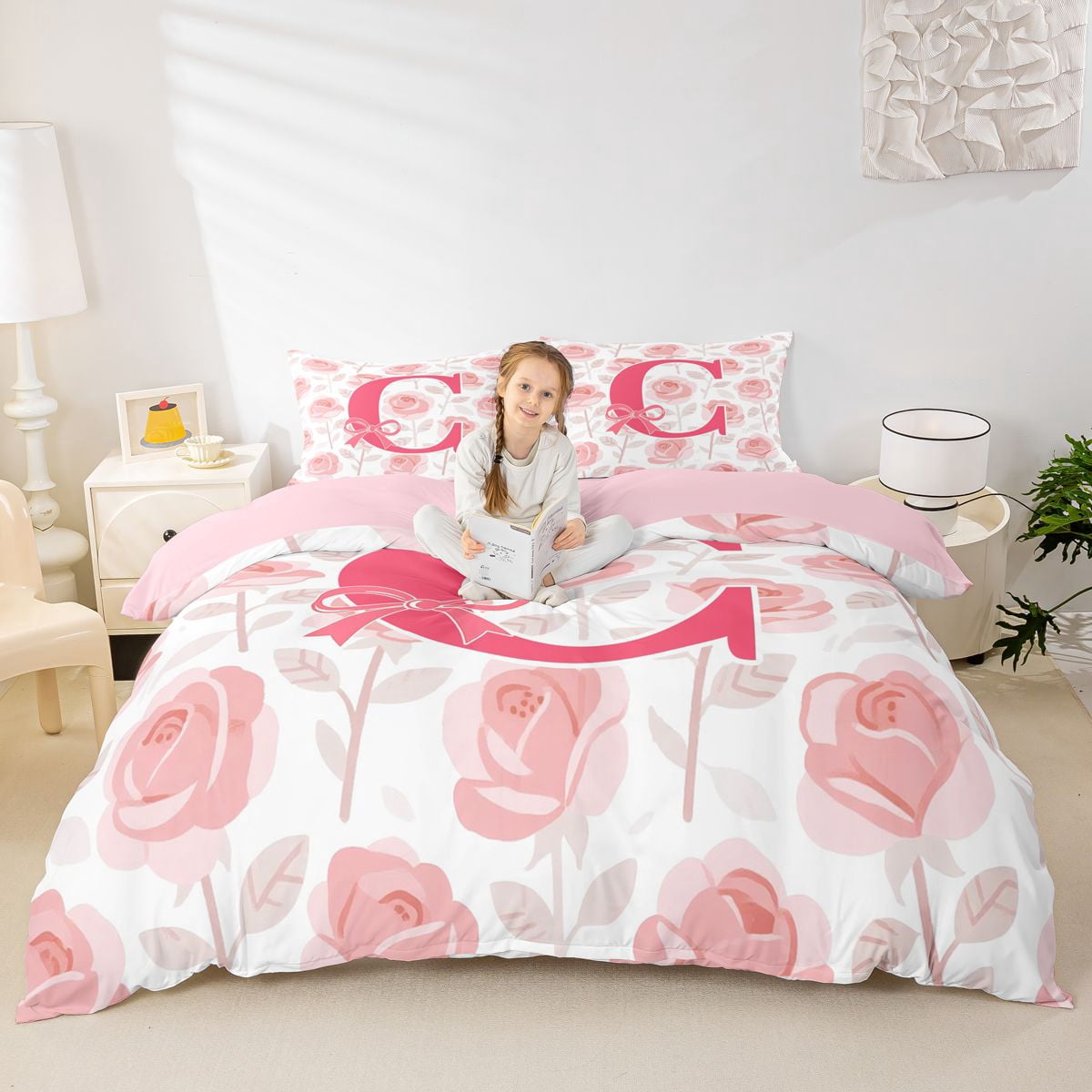 Catabedysis Flowers Alphabet Print Duvet Cover Queen,Pink Rose Letter C ...
