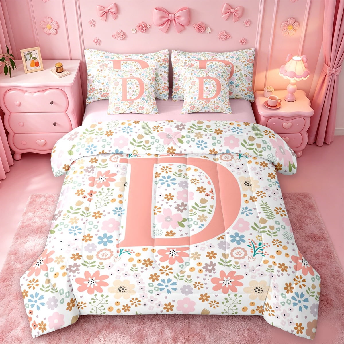 Catabedysis Flowers Monogrammed Print 7-Piece King Bedding,Initial ...