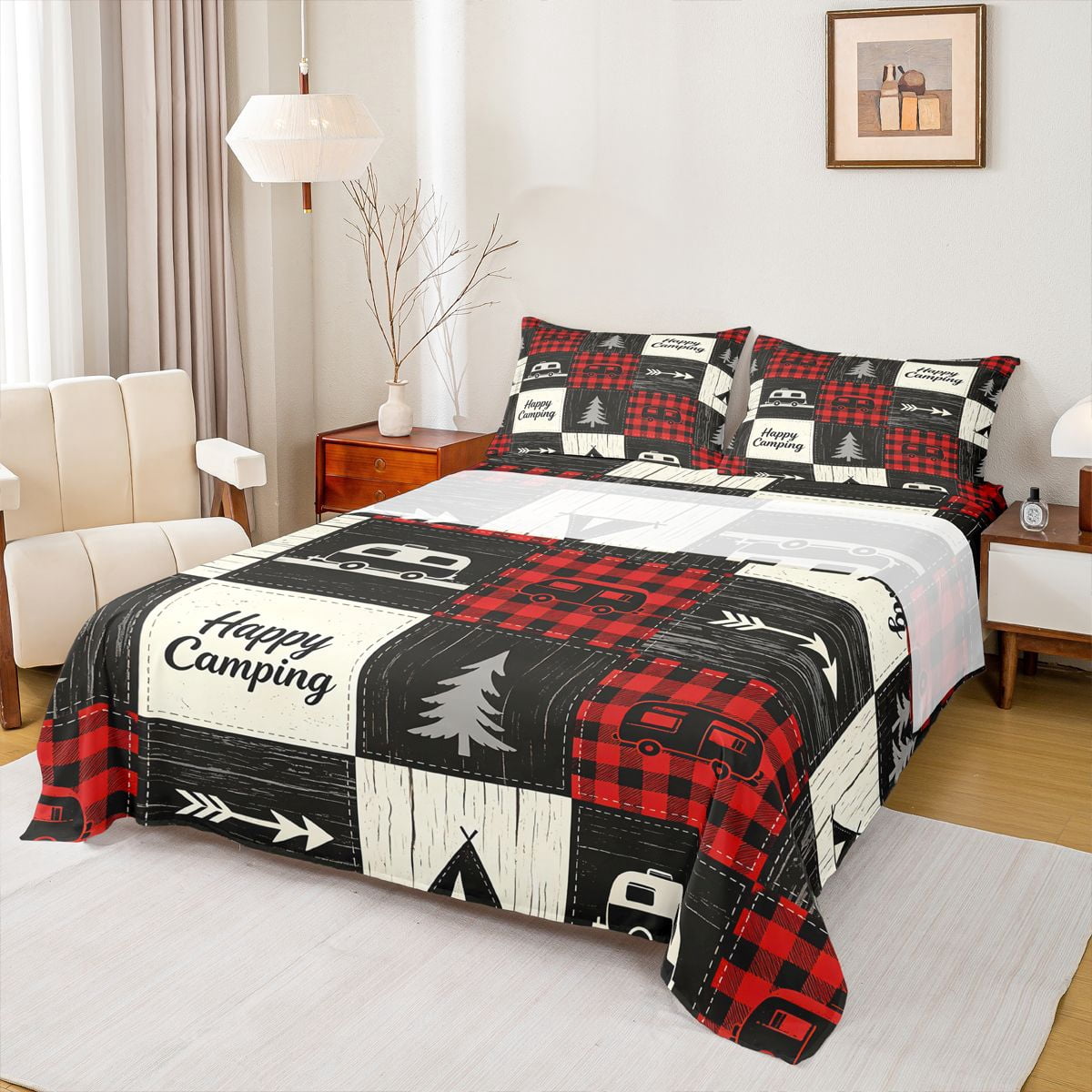 Catabedysis Geometric Grid Camping Bed Sheets,Happy Camping Patchwork ...