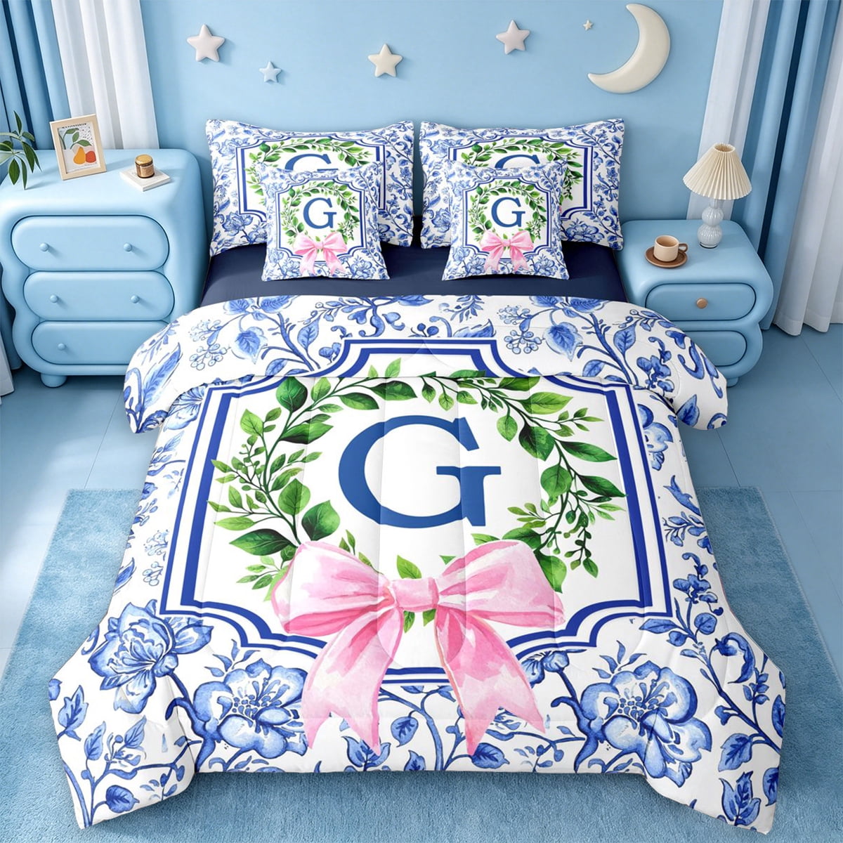 Catabedysis Green Leaf Wreath 7-Piece King Bedding,Watercolor Bow ...