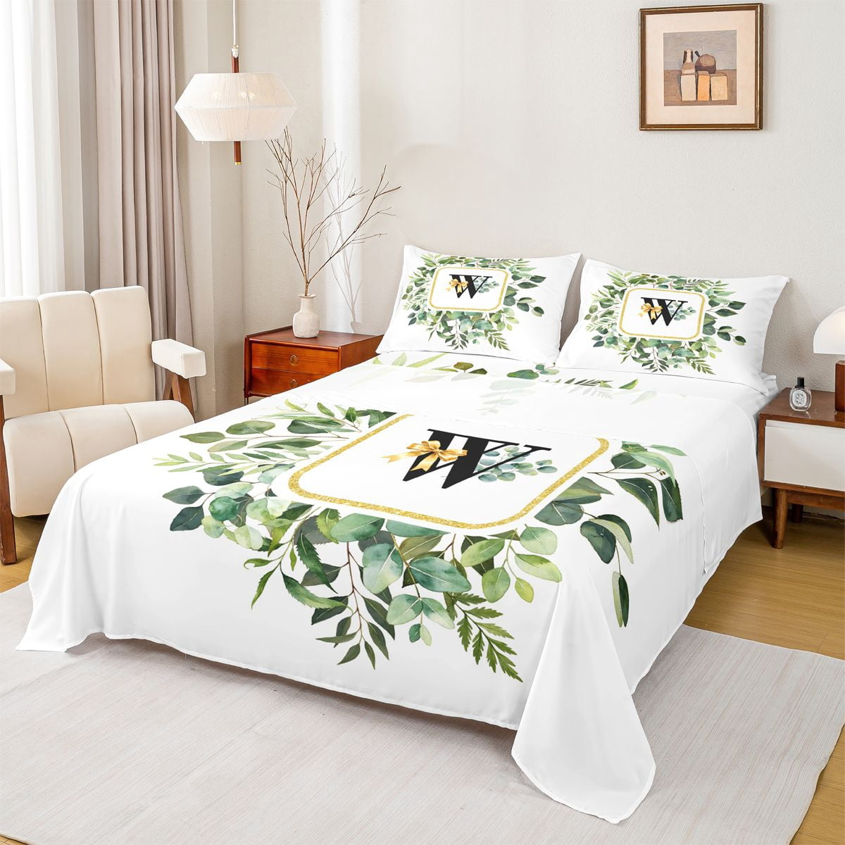 Catabedysis Green Leaves Monogrammed Print Bed Sheets,Initial Letter W ...