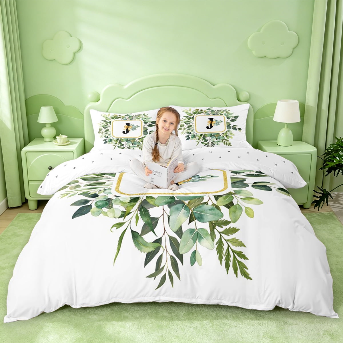 Catabedysis Green Leaves Monogrammed Print Duvet Cover Queen,Initial ...