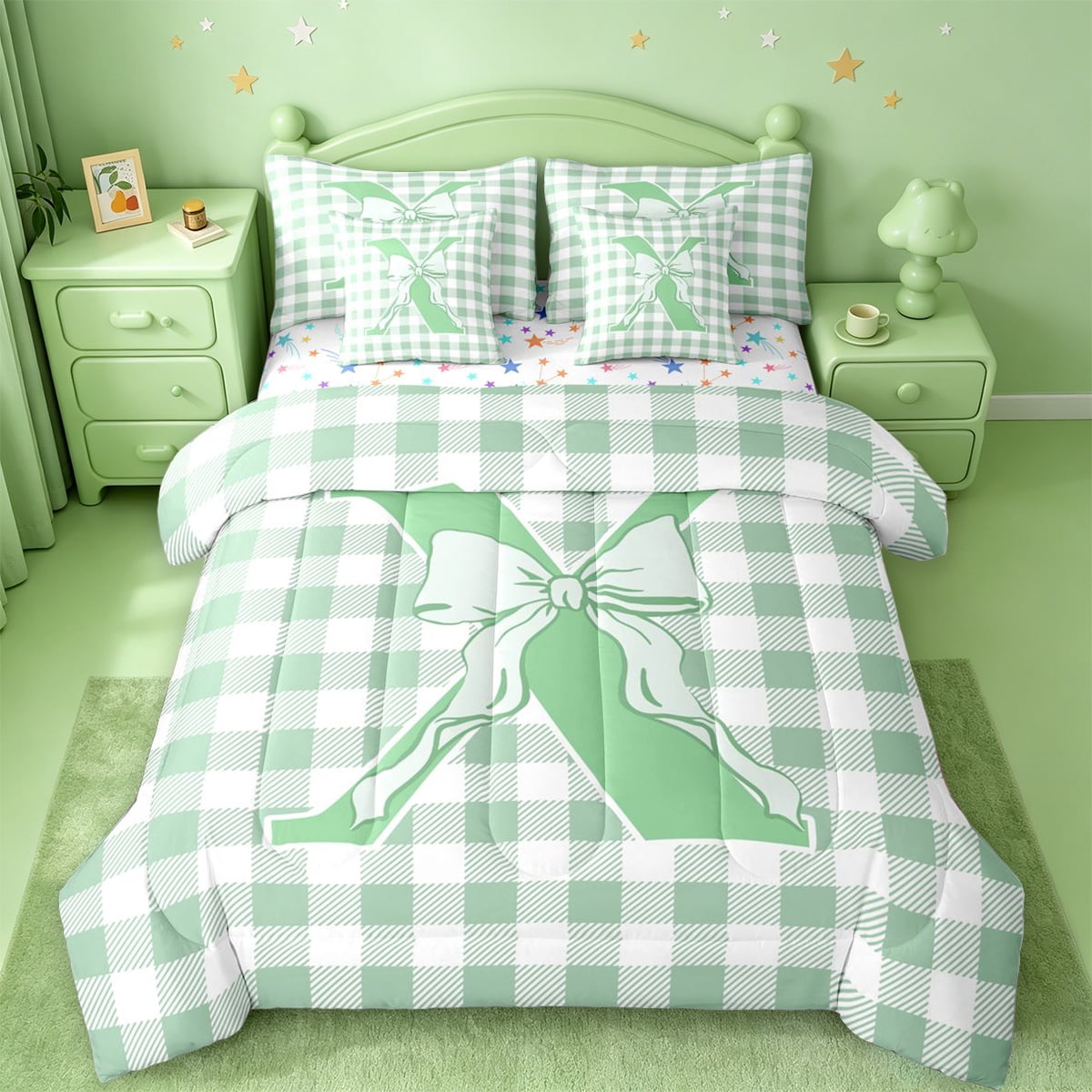 Catabedysis Green Monogram X 7pcs Queen Bedding,Fashion Bow Tie Bedding ...