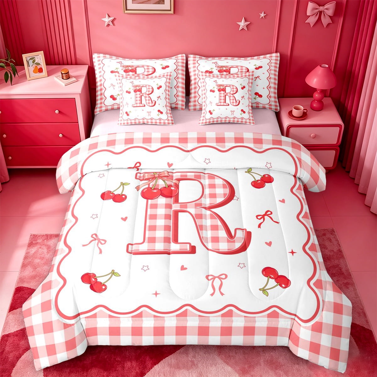 Catabedysis Grid Alphabet R 7pcs Queen Bedding,Sweet Cherry Bowknot ...