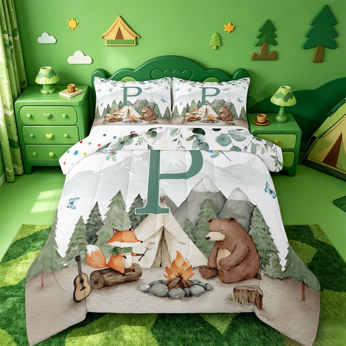 Catabedysis Happy Camping Full Size Comforter Sets,Cute Bear Initial ...