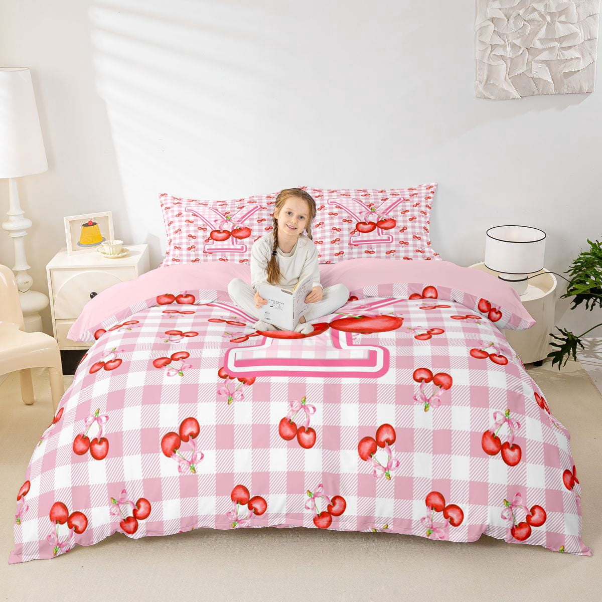 Catabedysis Kawaii Bowknot Initial Y Bedding,Cute Cherry Print ABC ...