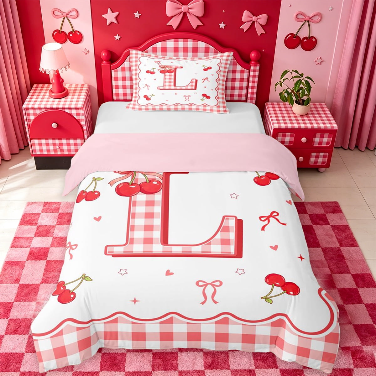 Catabedysis Kawaii Cherry Print Twin Duvet Cover,Geometric Gingham ...