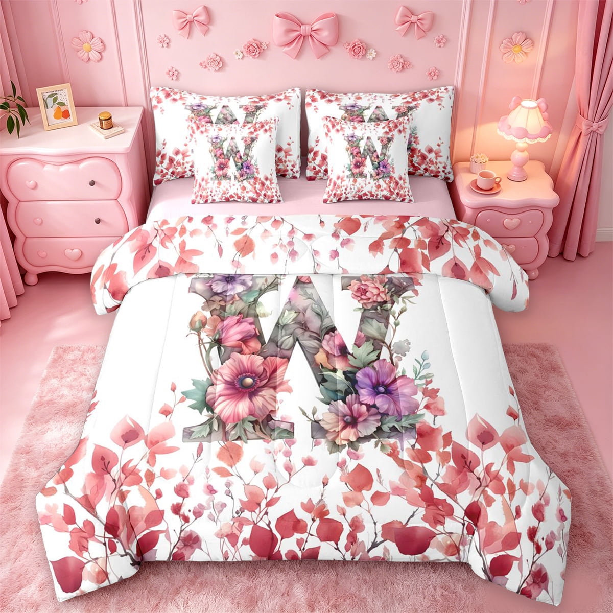 Catabedysis Kawaii Floral Letter W 7-Piece Twin Bedding,Red Botanical ...