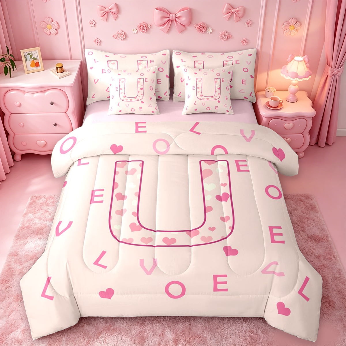 Catabedysis Kawaii Heart Initial U 7 Pieces Full Size Bedding Sets ...