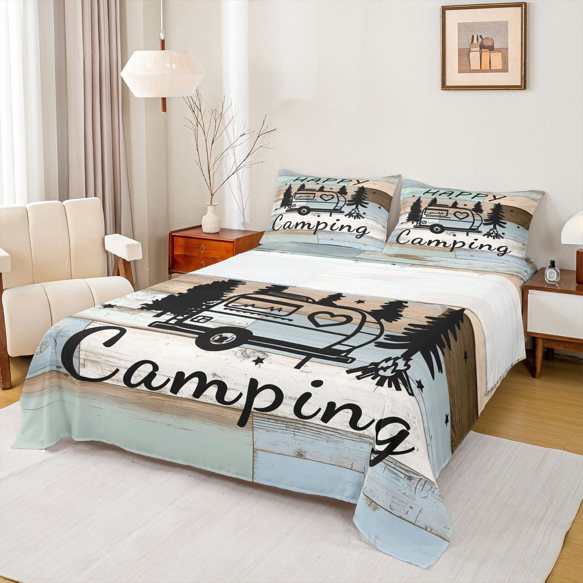 Catabedysis Lins Camping Print Bed Sheets,Rustic Farmhouse Cabin Full ...