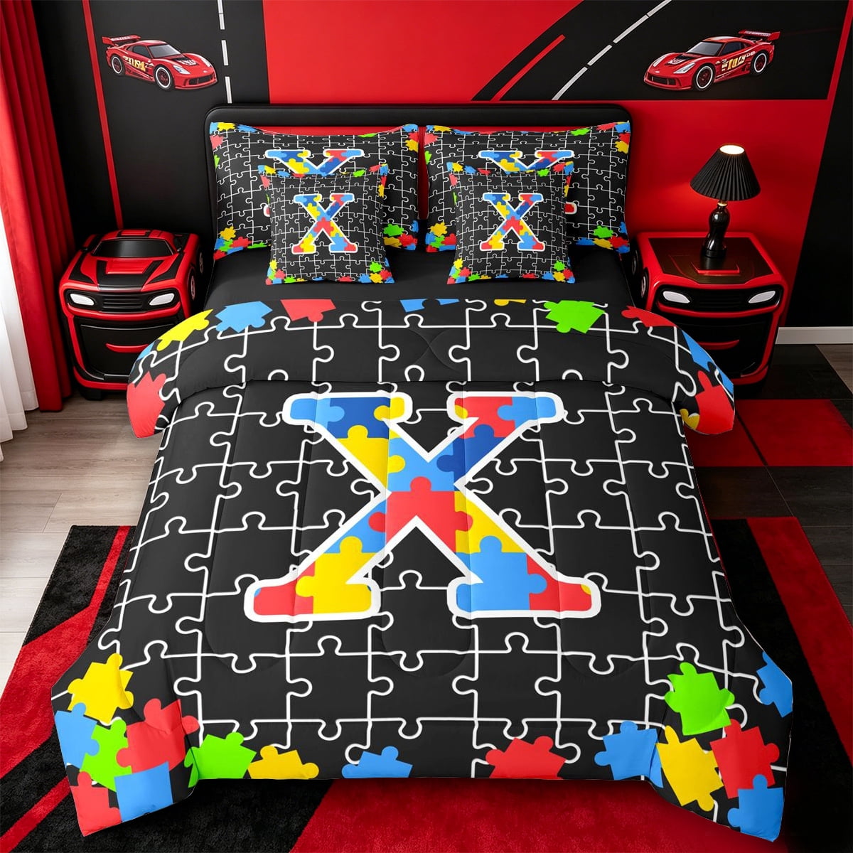 Catabedysis Modern Jigsaw Monogram X 7pcs Queen Bedding,Puzzle Plaid ...