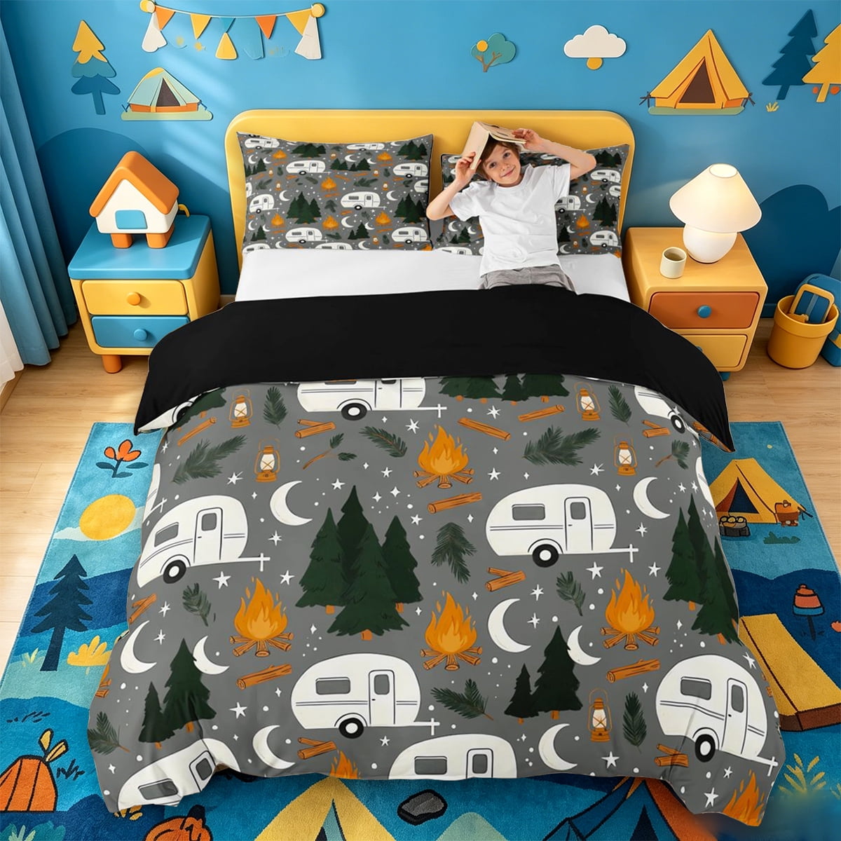 Catabedysis Night Camping Bedding,Cute Moon Stars Duvet Cover Full For ...