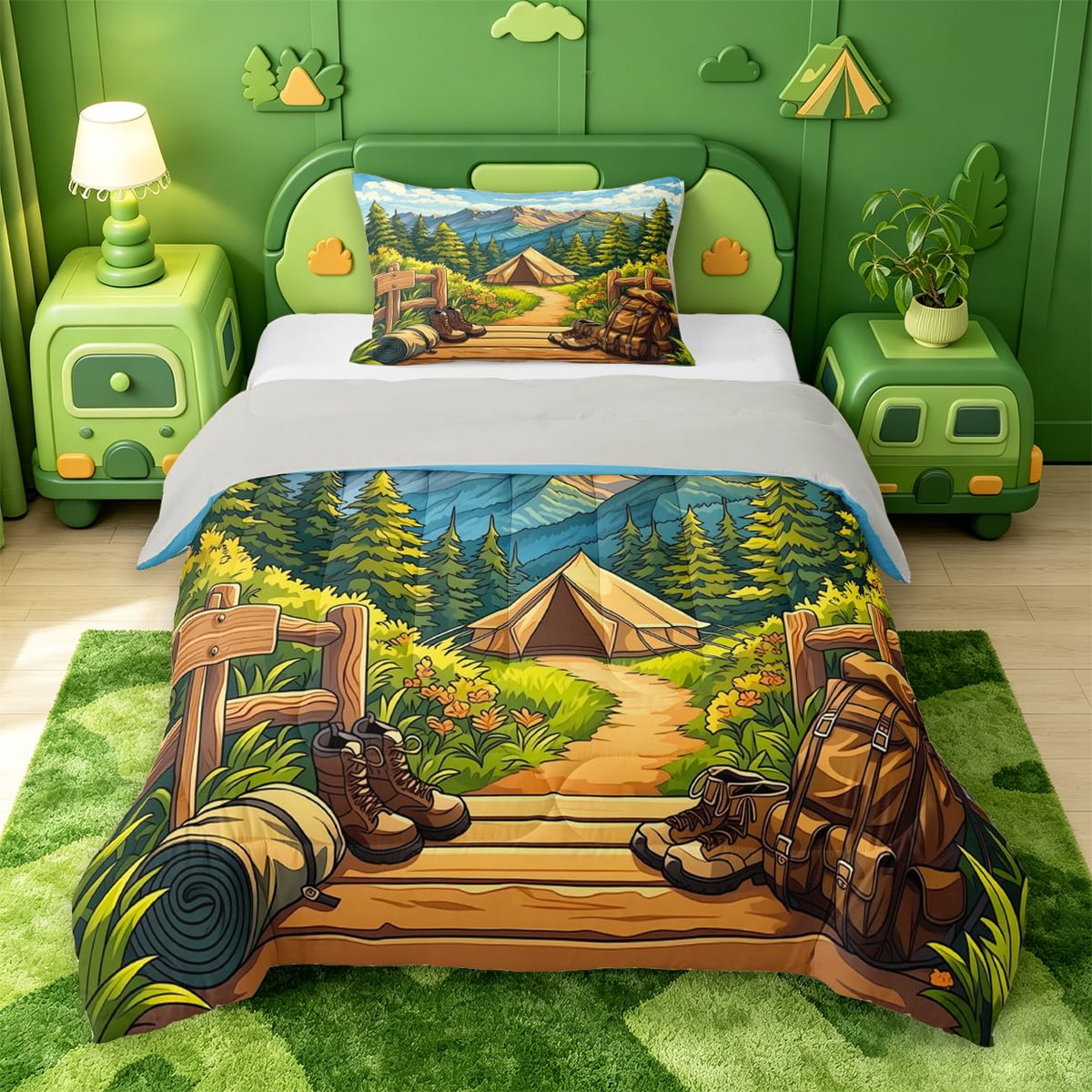 Catabedysis Outdoor Cartoon Camping Twin Comforter Sets,Rustic Mountain ...