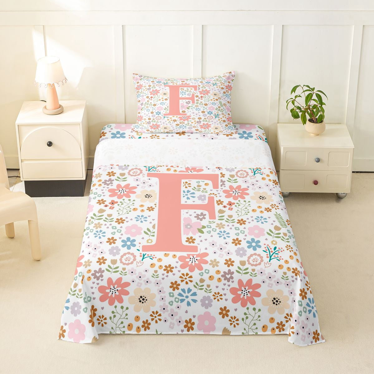Catabedysis Pastel Flowers Twin Sheets,Personalized Letter F Bedding ...