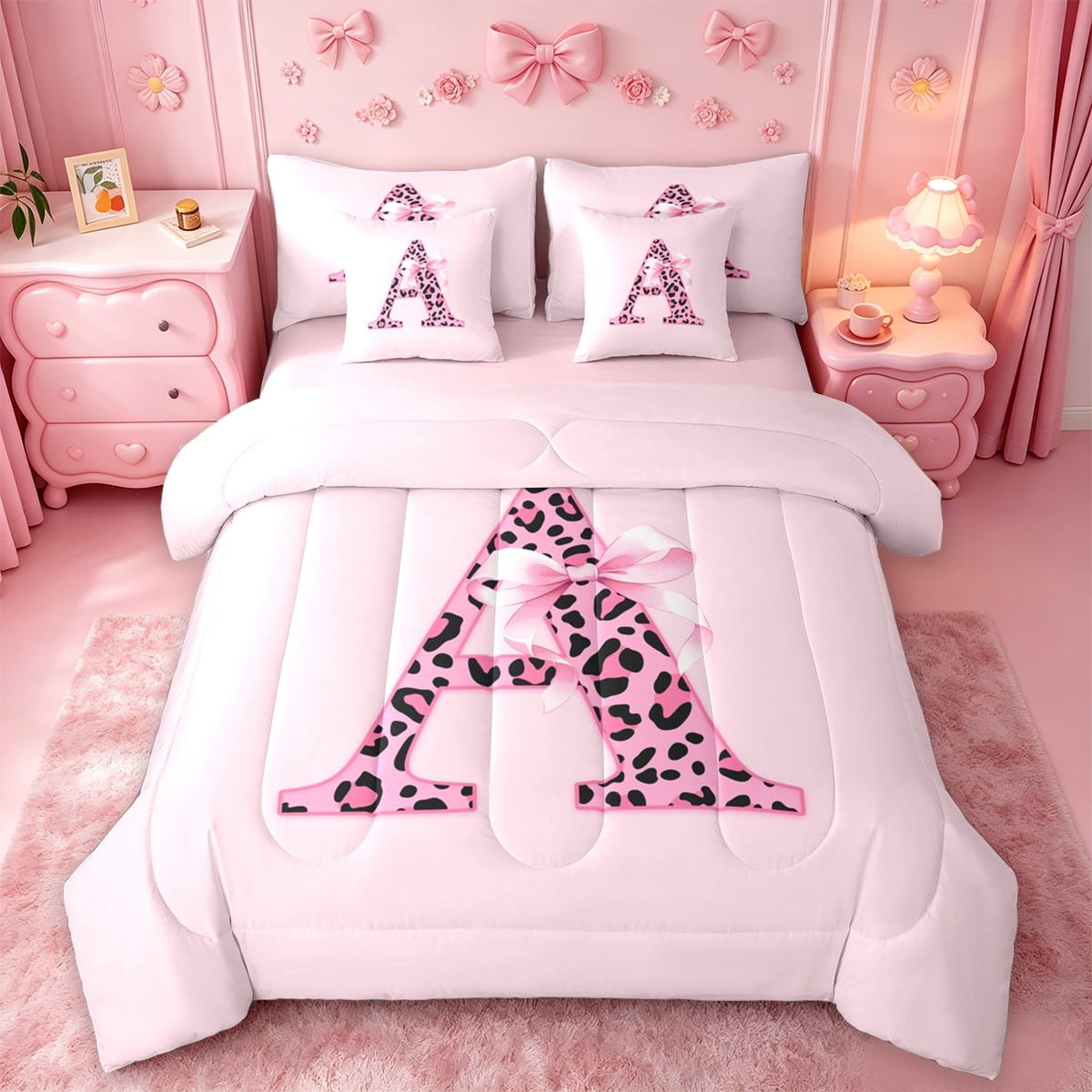 Catabedysis Pink ABC Print A 7-Piece Twin Bedding,Leopard Monogrammed ...