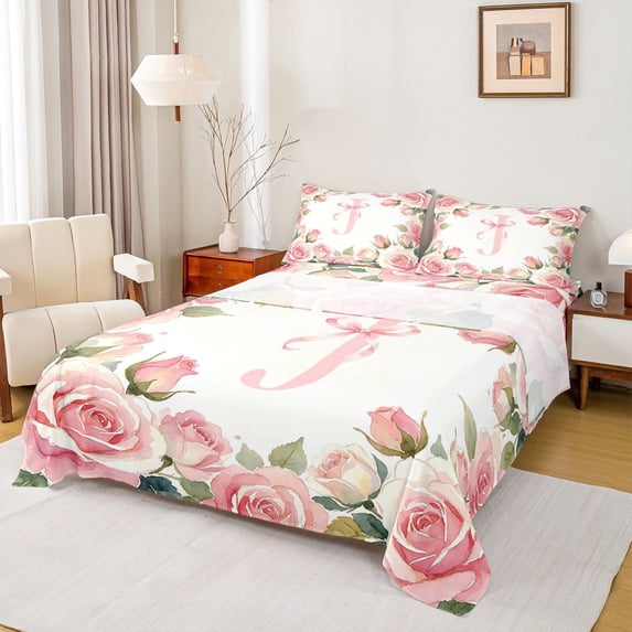 Catabedysis Pink Bowknot Monogrammed Print Bed Sheets,Initial Letter J ...