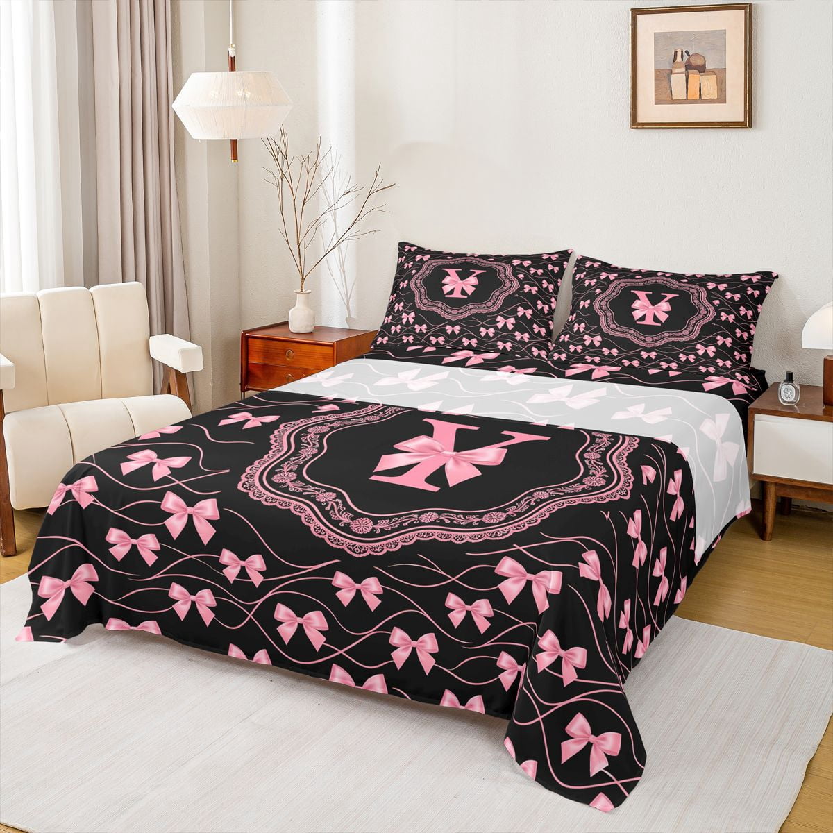 Catabedysis Pink Bowknot Monogrammed Print Queen Sheets,Initial Letter ...