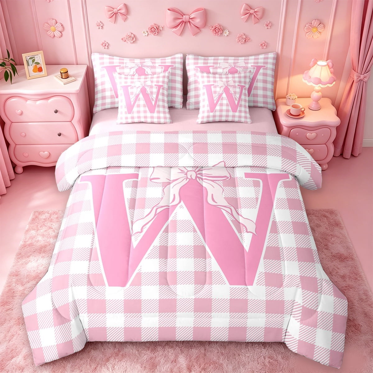 Catabedysis Pink Bows Letter W 7-Piece King Bedding,Girly Bowknot King ...