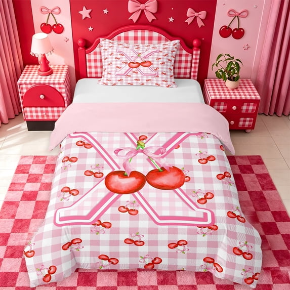 Catabedysis Pink Bows Monogram X Twin Duvet Cover,Sweet Fruit Cherries ...