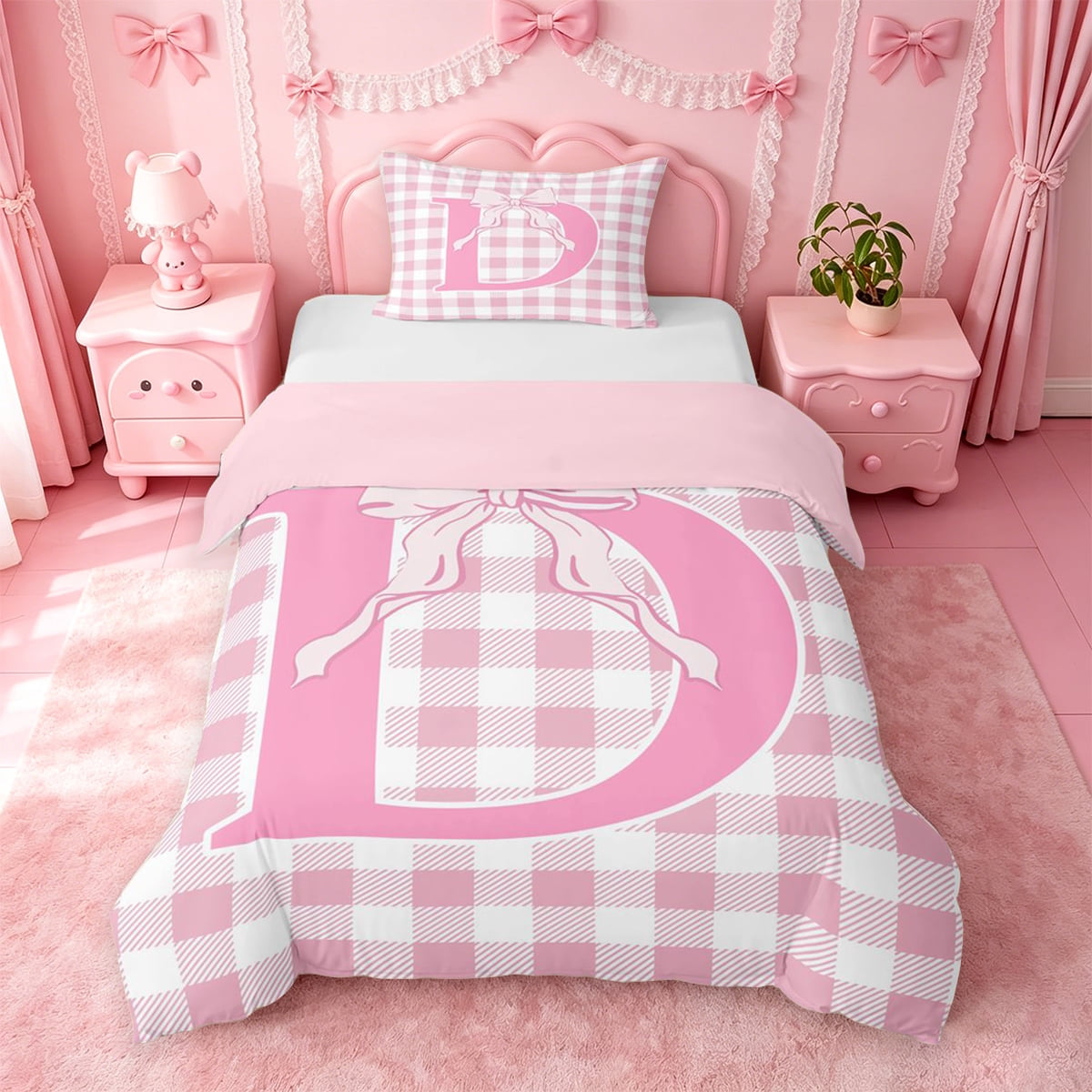 Catabedysis Pink Bows Monogrammed Print Twin Duvet Cover,Initial Letter ...