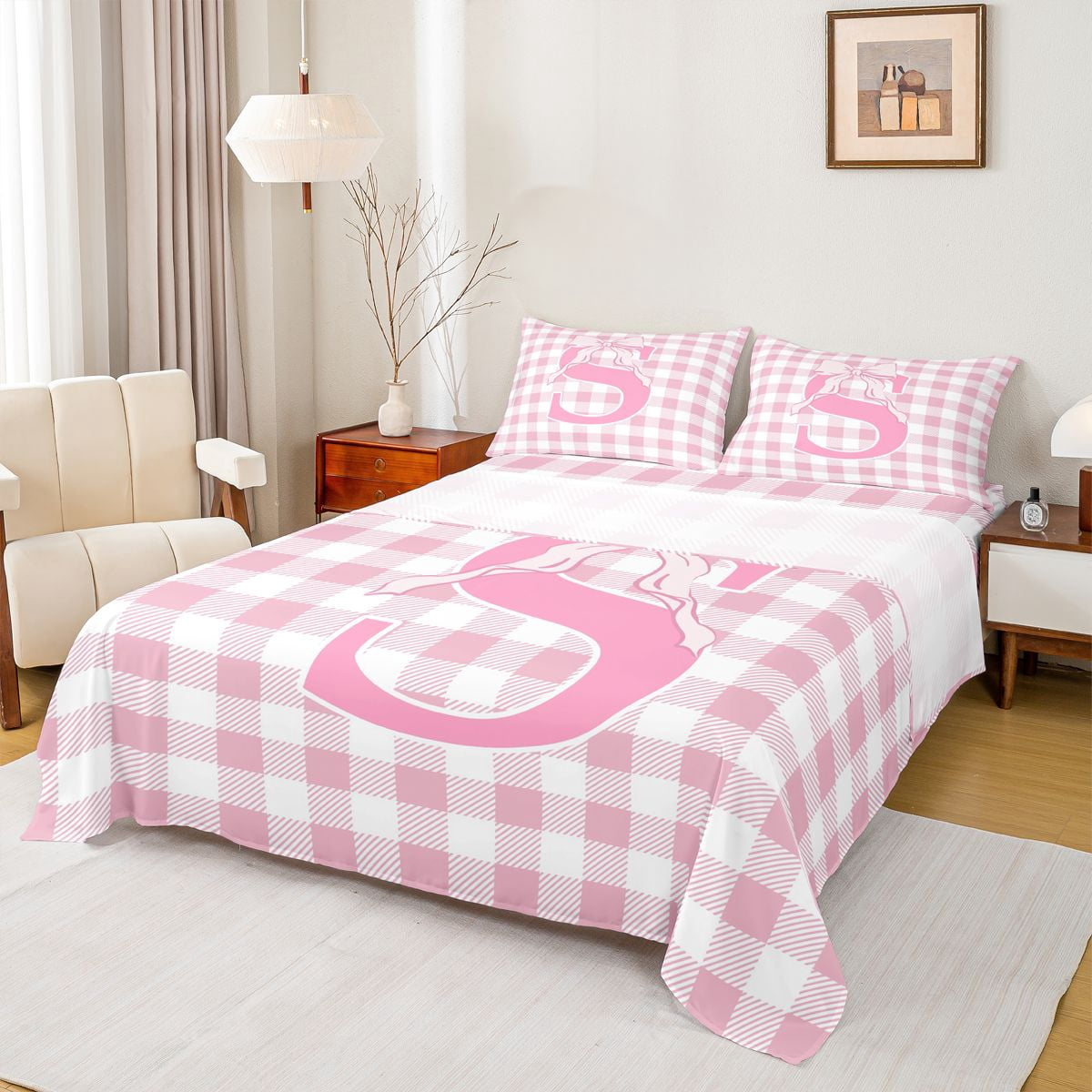Catabedysis Pink Checkered Pattern Bed Sheets,Personalized Letter S ...