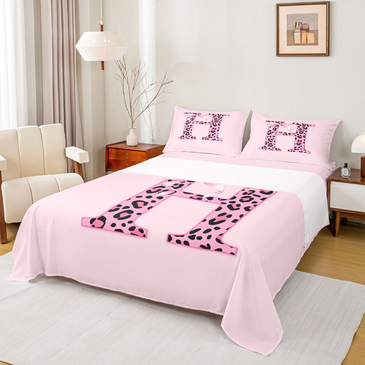 Catabedysis Pink Cheetah Pattern Bed Sheets,Cute Bowtie Initial H ...