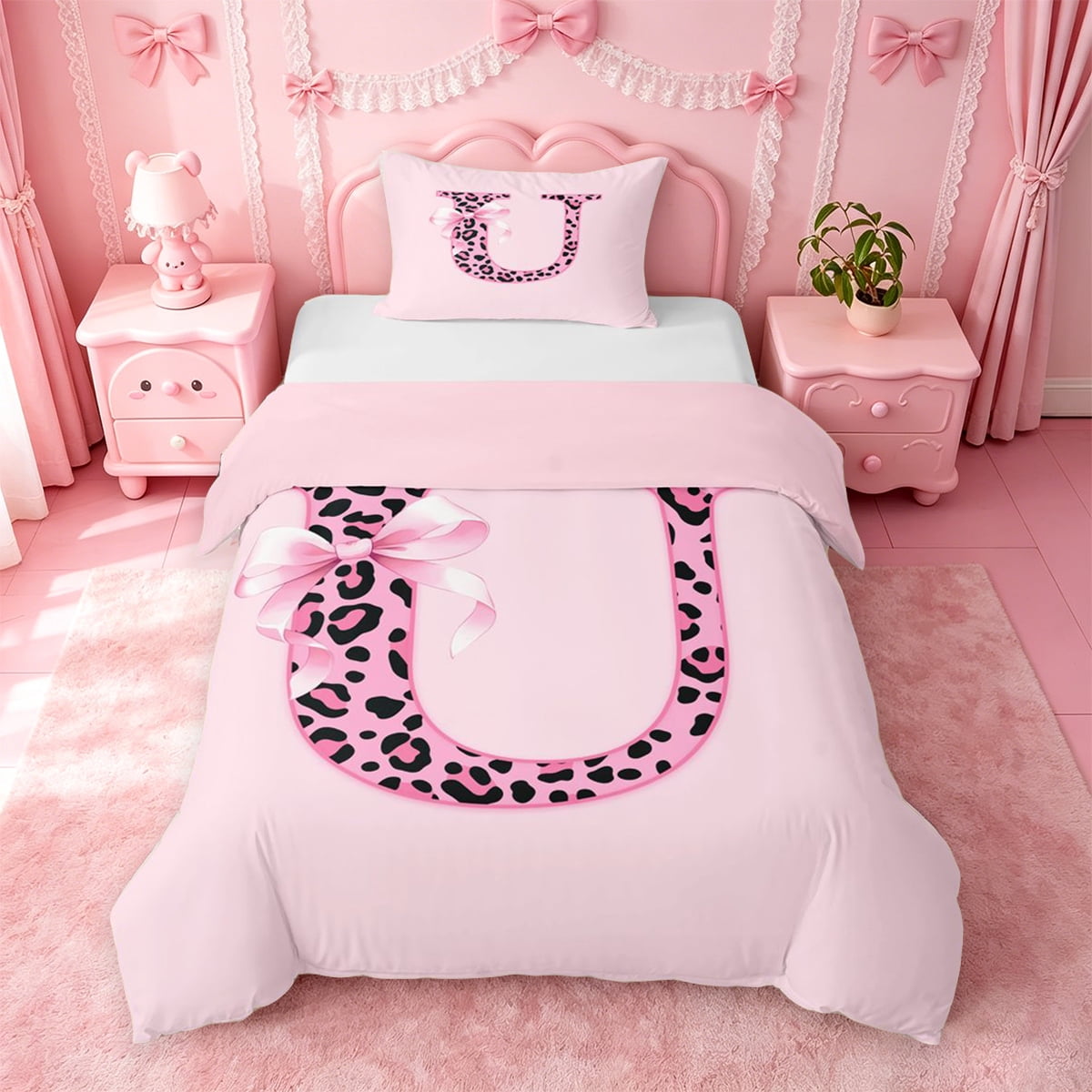 Catabedysis Pink Cheetah Pattern Twin Duvet Cover,Cute Bowtie Initial U ...