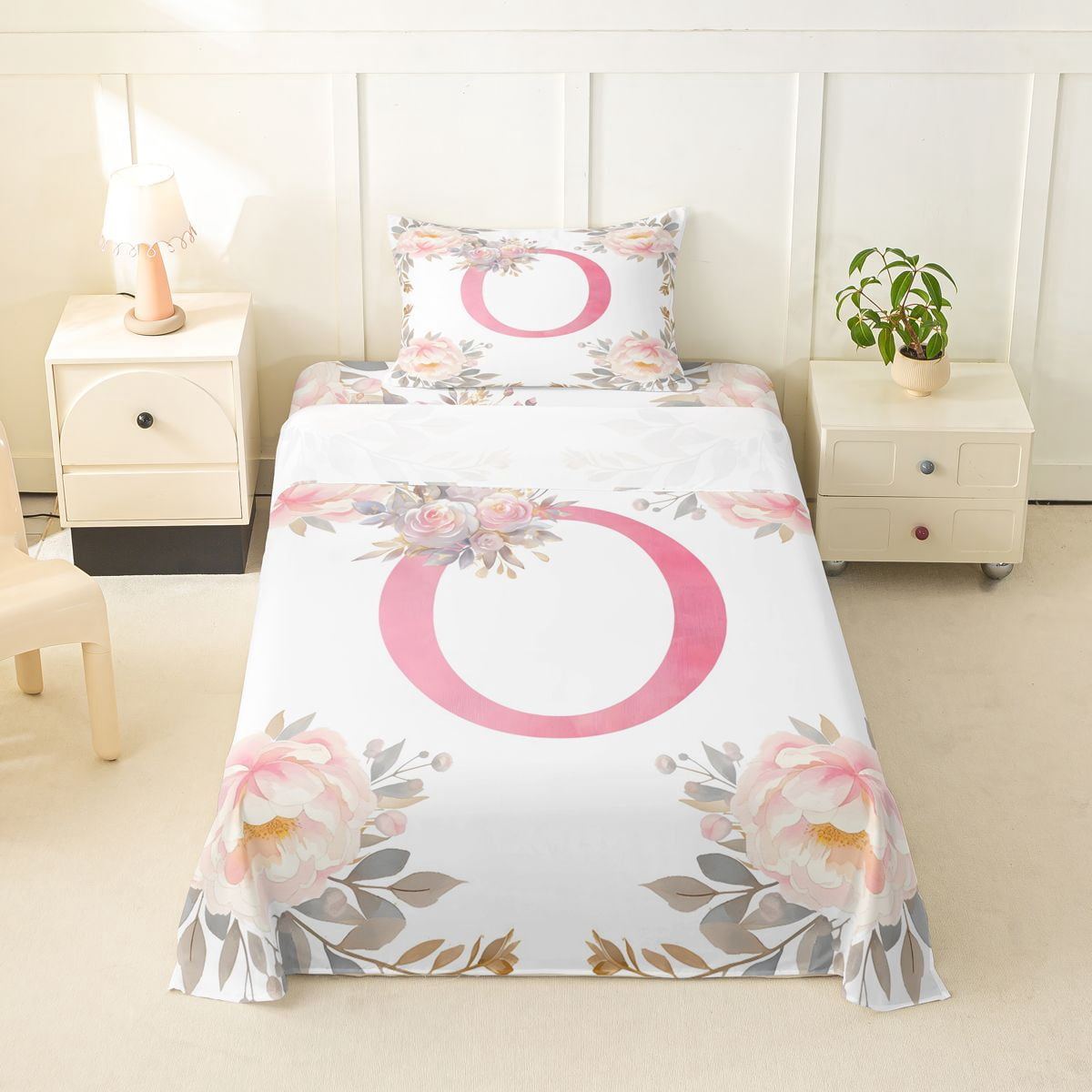 Catabedysis Pink Floral Monogrammed Print Twin Sheets,Initial Letter O ...