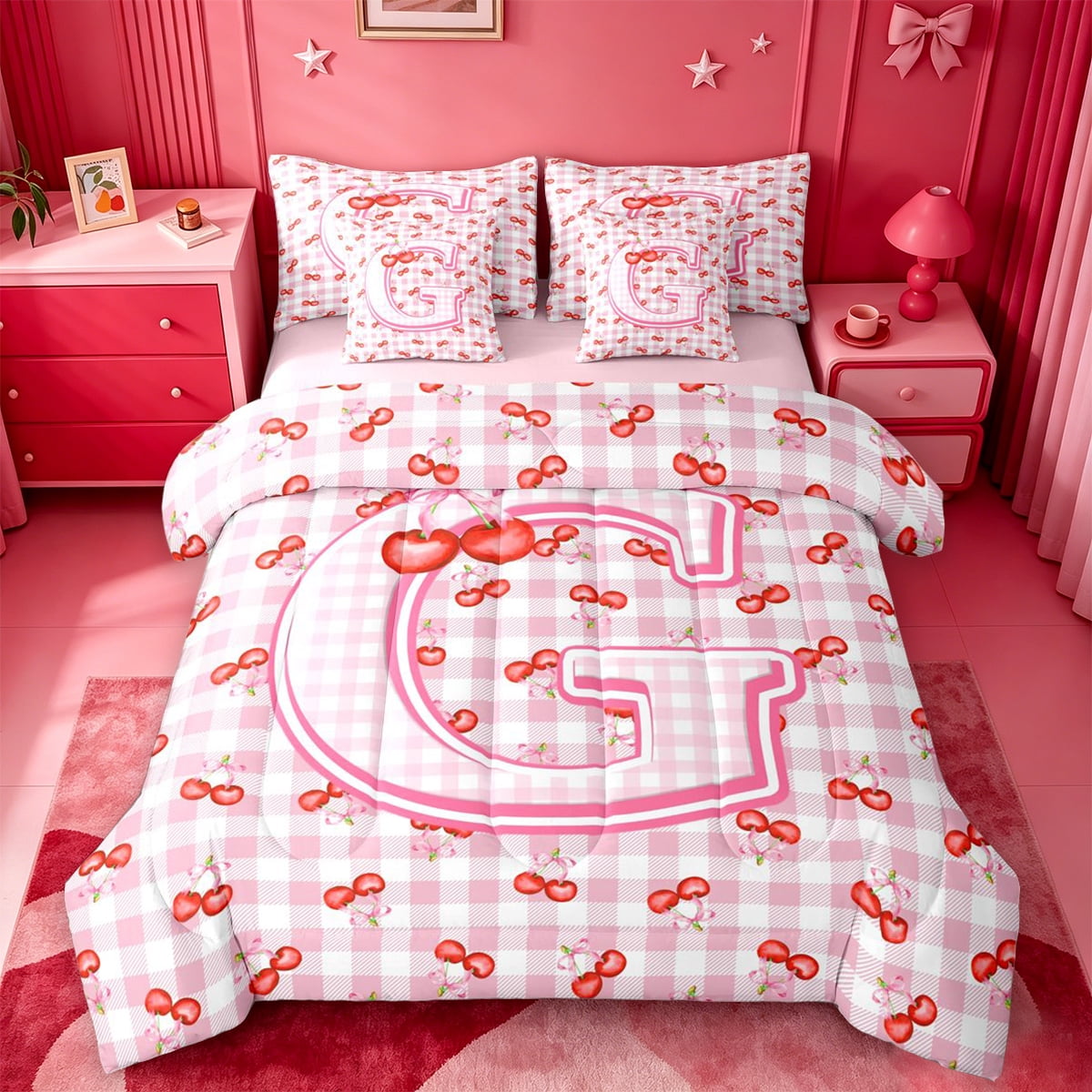 Catabedysis Pink Gingham Print 7 Pieces Full Size Bedding Sets,Cute ...