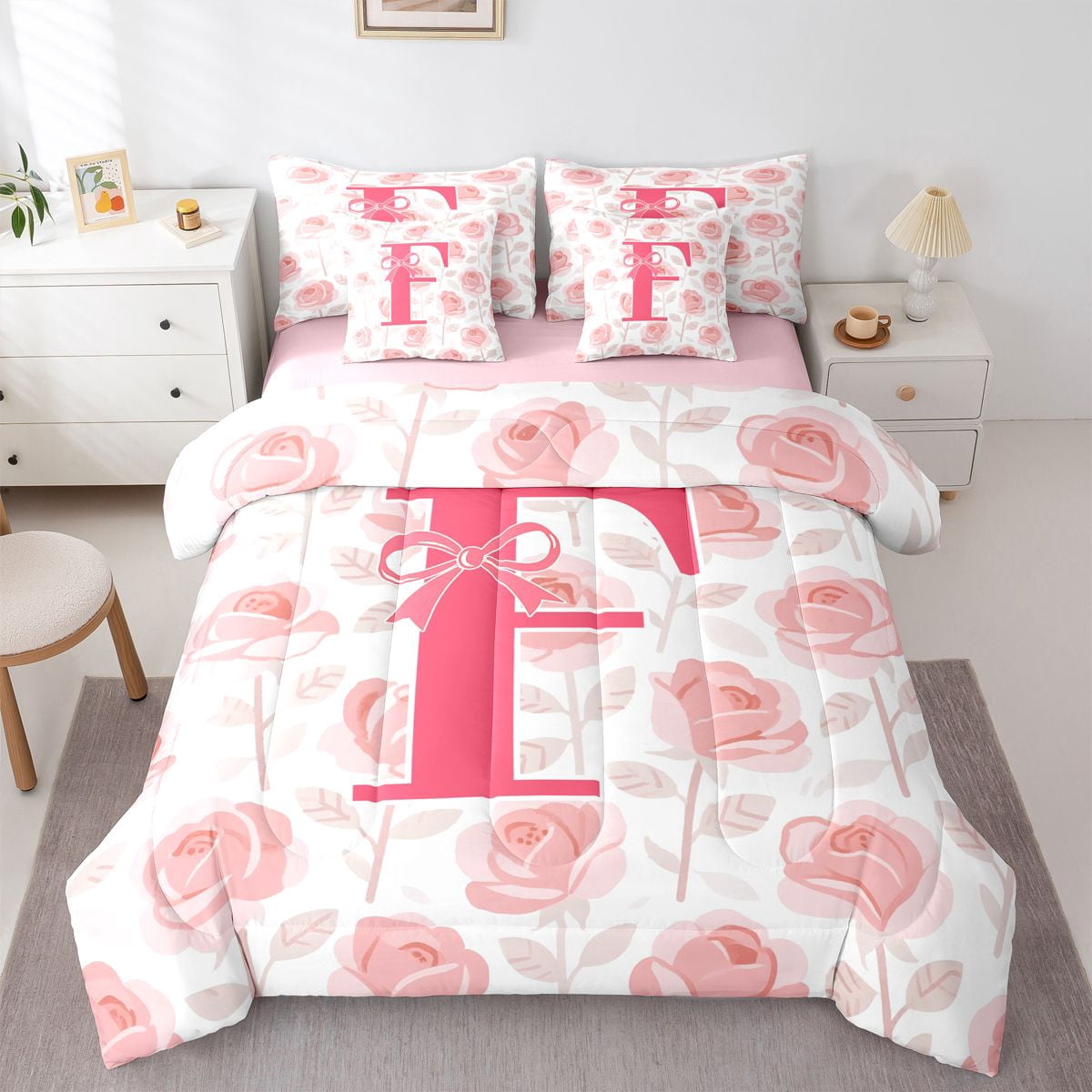 Catabedysis Pink Ribbon Bow 7-Piece King Bedding,Cute Flowers ...