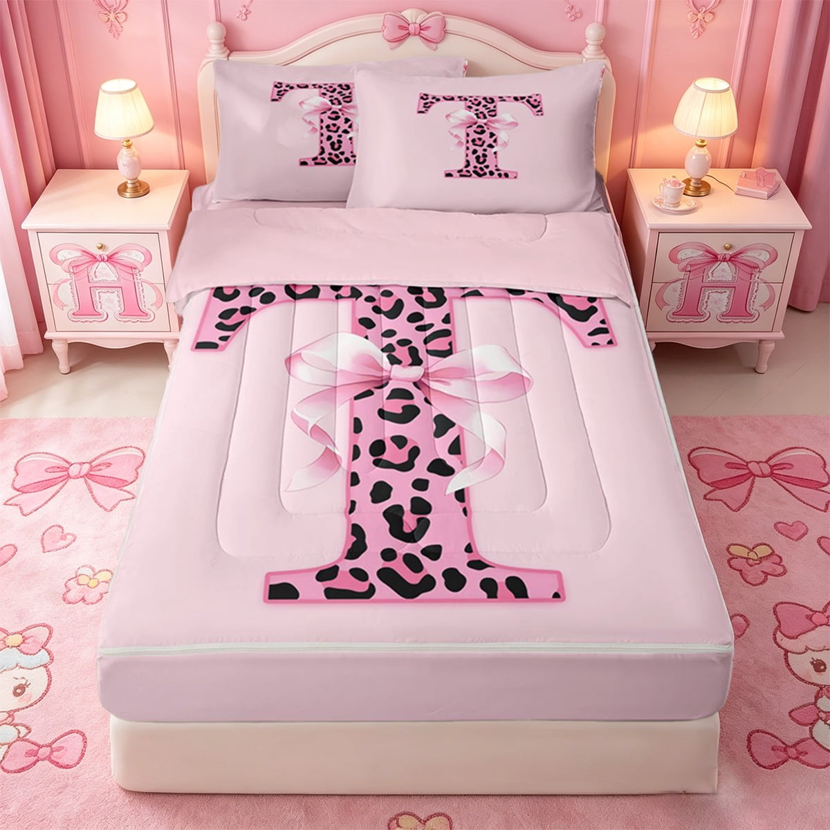 Catabedysis Pink Ribbon Bowknot Zipper Twin Comforter Sets with Fitted ...