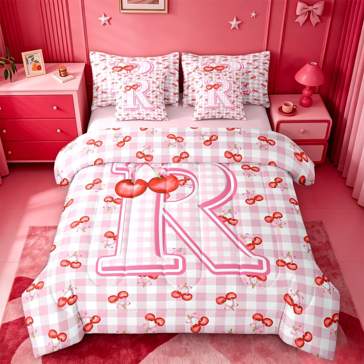 Catabedysis Pink Ribbon Bows 7-Piece King Bedding,Cherries Monogrammed ...