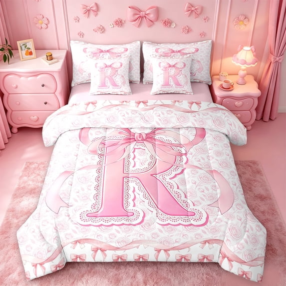 Catabedysis Pink Ribbon Bows 7pcs Queen Bedding,3D Monogrammed R Design ...
