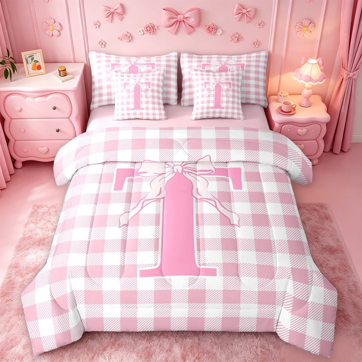 Catabedysis Pink Ribbon Bows 7pcs Queen Bedding,Geometric Plaid ...