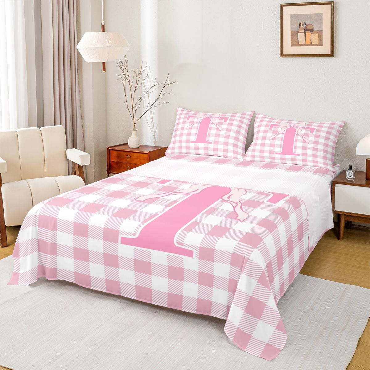 Catabedysis Pink Ribbon Bows King Sheets,Geometric Plaid Alphabet T ...