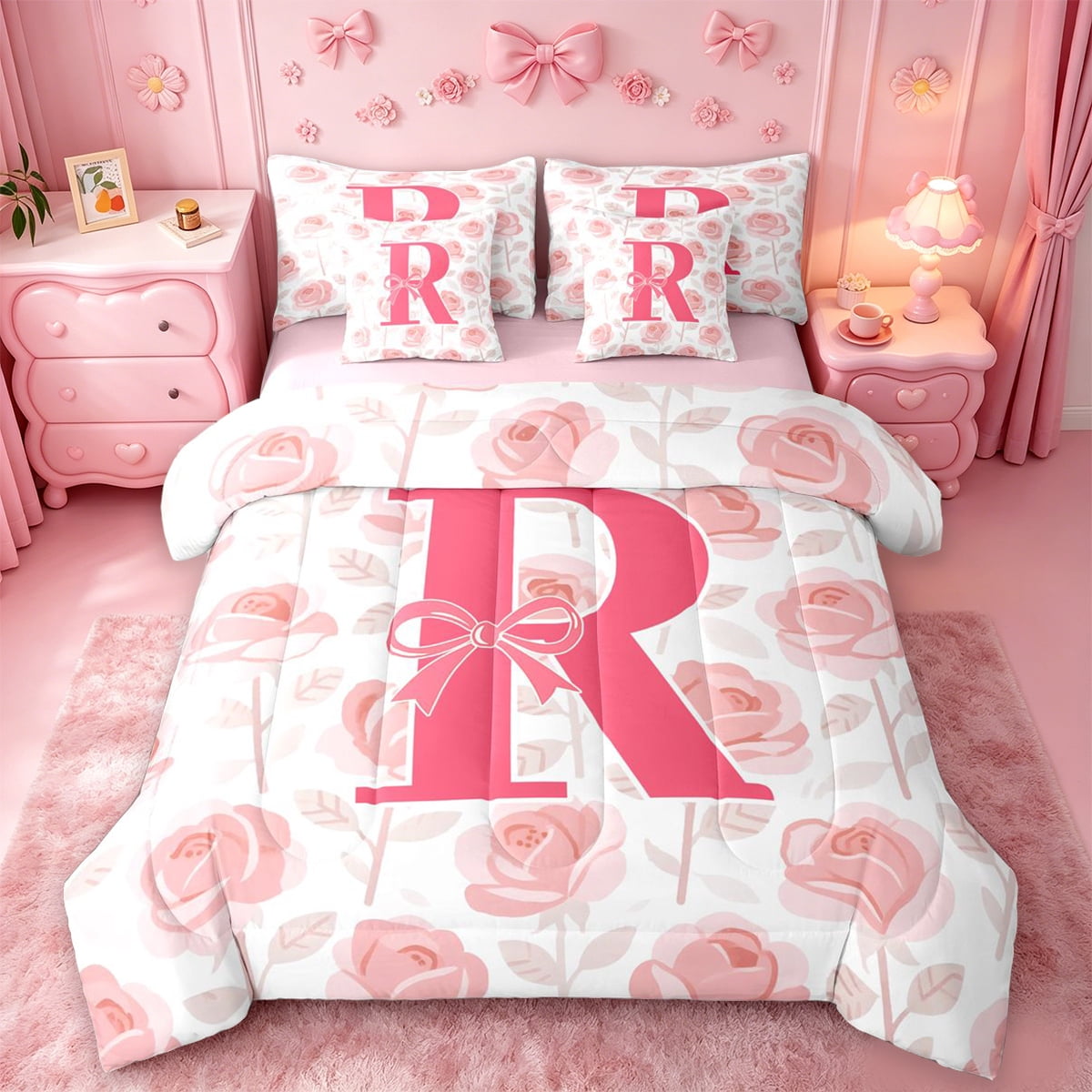 Catabedysis Pink Rose Pattern 7 Pieces Full Size Bedding Sets,Princess ...