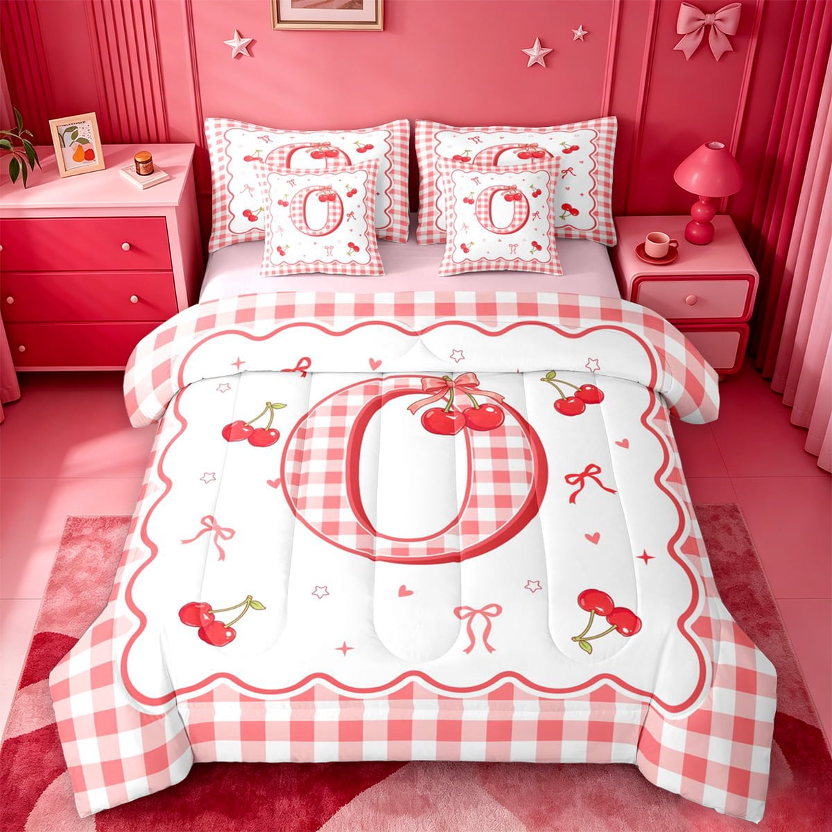 Catabedysis Red Cherry Pattern 7-Piece King Bedding,Cute Bows Alphabet ...
