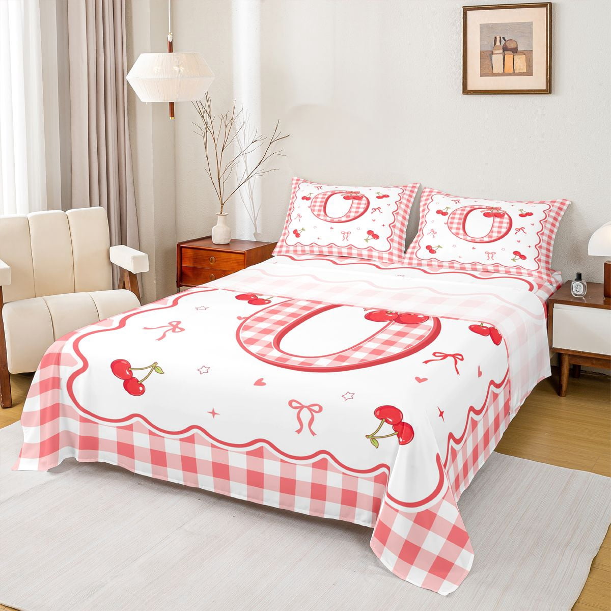 Catabedysis Red Cherry Pattern King Sheets,Cute Bows Alphabet O Pattern ...