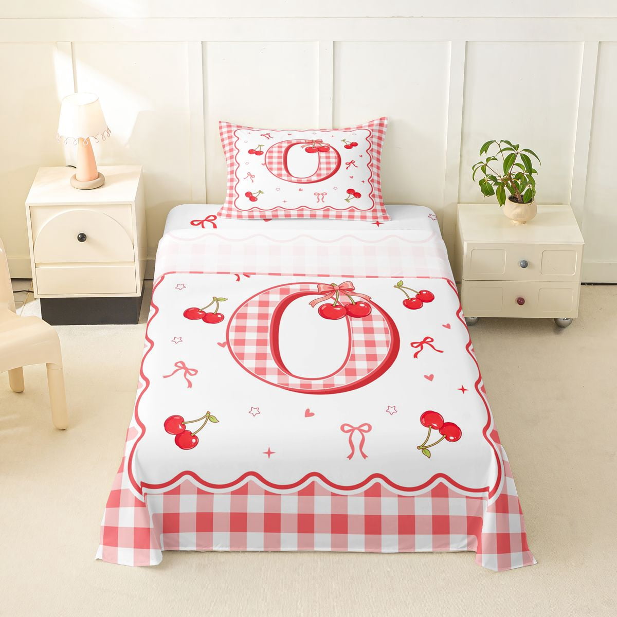 Catabedysis Red Cherry Pattern Twin Sheets,Cute Bows Alphabet O Pattern ...