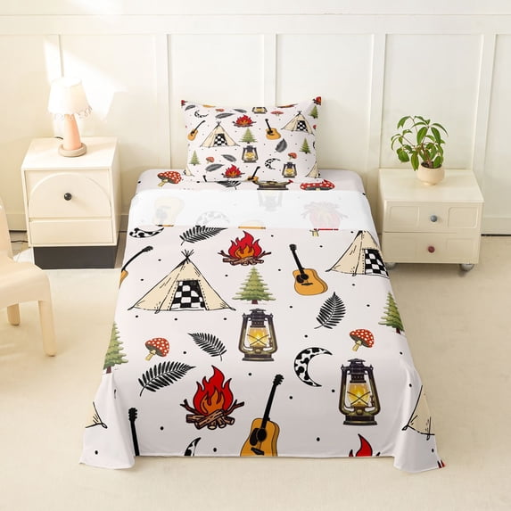 Catabedysis Retro Camping Twin Sheets,Campfire Guitar Print Bedding For ...